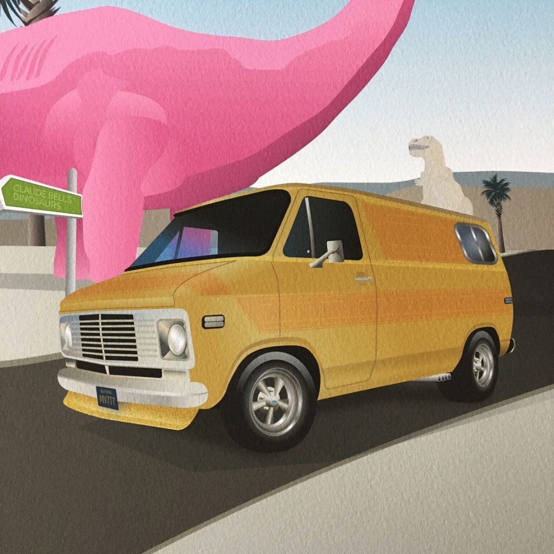 Chevy Custom Van Cabazon Dinosaur Park Illustration Art Print – Vectrolux